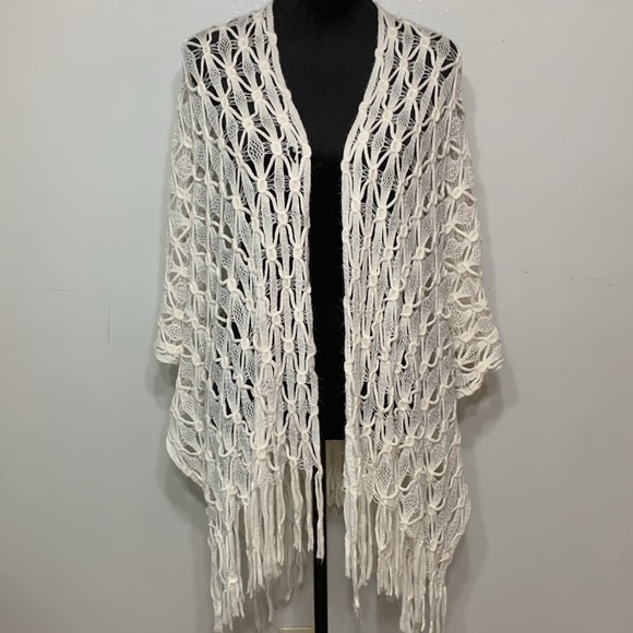Sweaters | Ivory Crochet Boho Open Front Fringe Shawl One Size | Poshmark